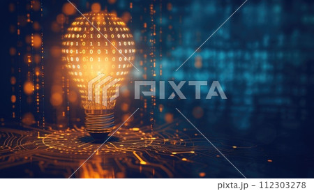 Illuminated Binary Code Light Bulb on Circuit...のイラスト素材 [112303278] - PIXTA