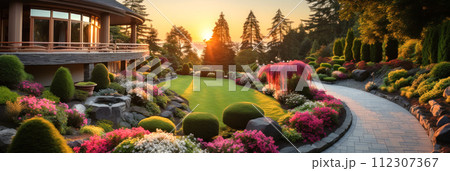 Panoramic view of beautiful landscaped home...のイラスト素材 [112307367] - PIXTA