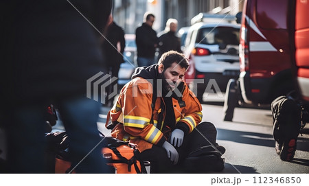 A weary firefighter sits on the ground, taking...のイラスト素材 [112346850 ...