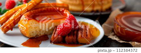 Mexican desserts, including churros, flan, and...のイラスト素材 [112384372 ...