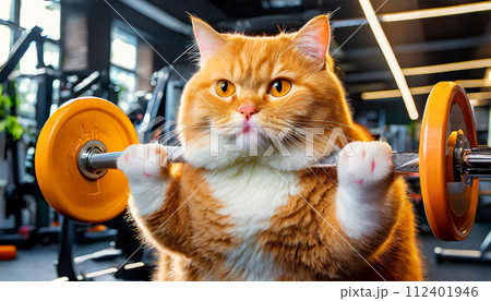Obese Orange Cat Lifting Weights in Order to...のイラスト素材 [112401946] - PIXTA