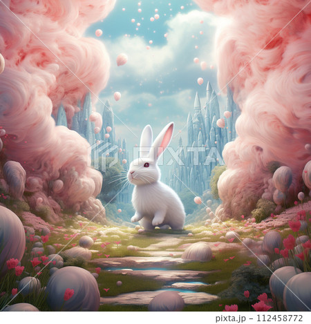 Mystical Rabbit sits on a path in enchanted...のイラスト素材 [112458772] - PIXTA