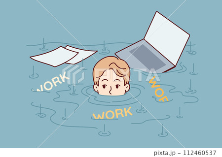 Man drowning in work with documents and laptop,...のイラスト素材 [112460537 ...