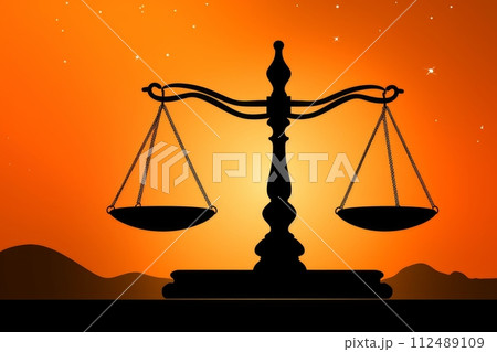 A balance scale with a sunset in the backgroundのイラスト素材 [112489109] - PIXTA