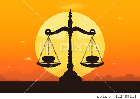 A balance scale with a sunset in the backgroundのイラスト素材 [112489111] - PIXTA
