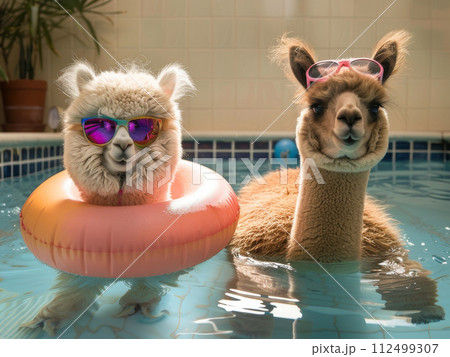 AI-generated content. Two alpacas cool off on a...のイラスト素材 [112499307 ...