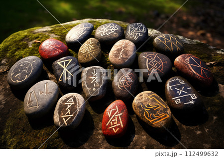 Mystical rune symbols etched onto river stones,...のイラスト素材 [112499632 ...