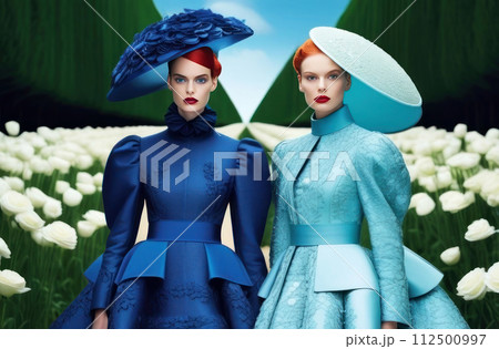 Elegant models in blue haute couture against a...のイラスト素材 [112500997 ...