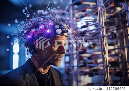 Focused male with eeg cap surrounded by...のイラスト素材 [112506403] - PIXTA