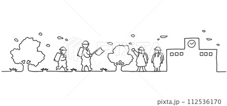 学校へ通う子ども達の線画イラスト 白黒のイラスト素材 [112536170] - PIXTA