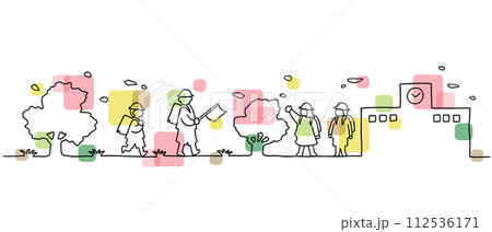 学校へ通う子ども達の線画イラストのイラスト素材 [112536171] - PIXTA
