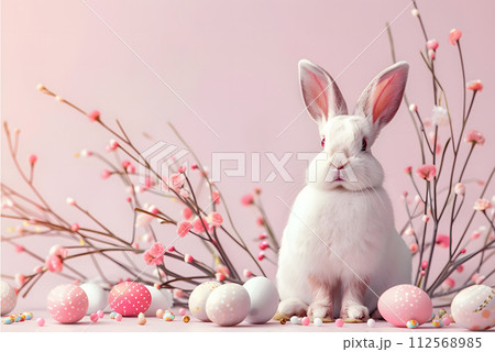 White bunny, painted Easter eggs and willow...のイラスト素材 [112568985] - PIXTA