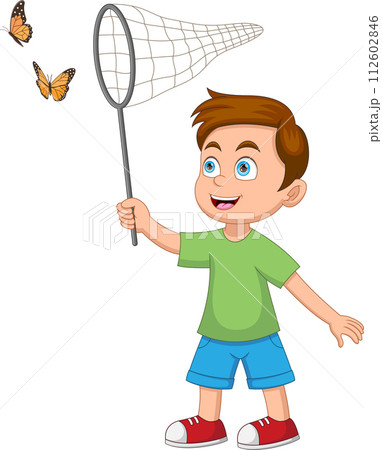 Little Boy catching butterflies with netのイラスト素材 [112602846] - PIXTA