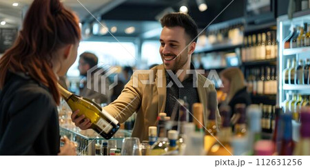 Friendly store clerk recommends a bottle of...のイラスト素材 [112631256] - PIXTA