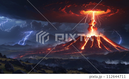 Volcano with lightnings and rainのイラスト素材 [112644711] - PIXTA