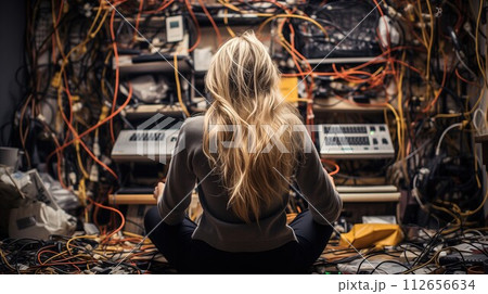 Digital Overwhelm, Woman Surrounded by Devices...のイラスト素材 [112656634 ...