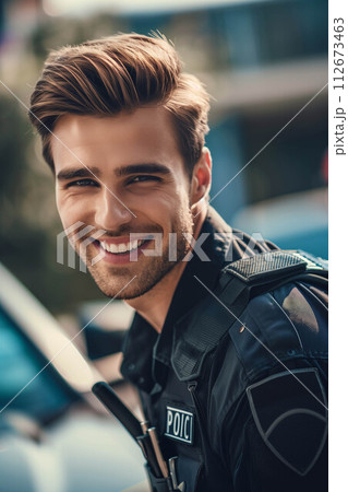 A Caucasian male police officer smiles with...のイラスト素材 [112673463] - PIXTA