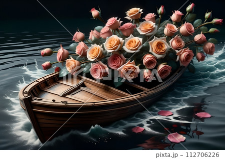 a boat full of roses floats on the waterのイラスト素材 [112706226] - PIXTA