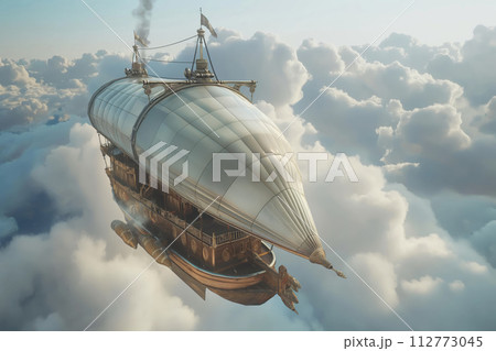 Fantastical steampunk airship glides through a...のイラスト素材 [112773045 ...