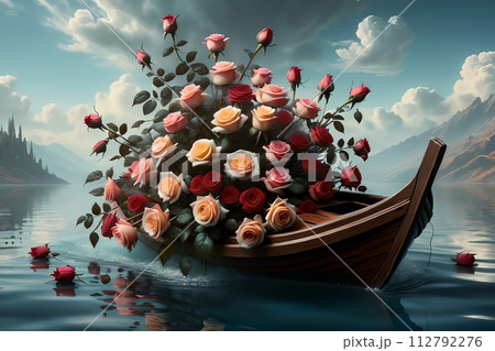 a boat full of roses floats on the waterのイラスト素材 [112792276] - PIXTA