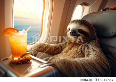Happy sloth with cocktail in its paws sits at...のイラスト素材 [112845783] - PIXTA