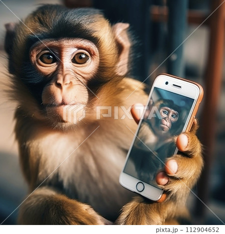 Monkey is holding up cell phone in its hand,...のイラスト素材 [112904652] - PIXTA