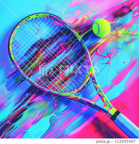 A tennis racket and ball overlaid with vibrant,...のイラスト素材 [112935407 ...