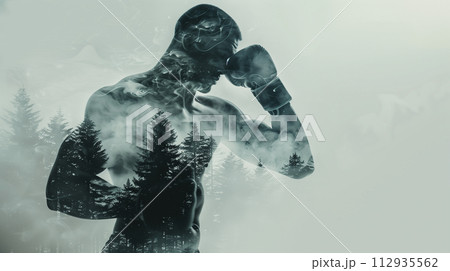 powerful boxer in mid-punch, his form merging...のイラスト素材 [112935562] - PIXTA