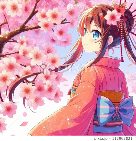 桜と写る着物の少女のイラスト素材 [112962821] - PIXTA