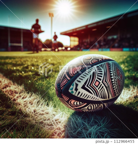 rugby ball with tribal patterns lies near the...のイラスト素材 [112966455] - PIXTA