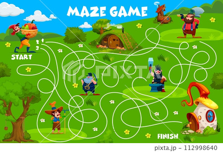 Kids labyrinth maze game, cartoon garden gnome...のイラスト素材 [112998640 ...