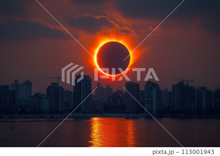 City skyline under a solar eclipseのイラスト素材 [113001943] - PIXTA