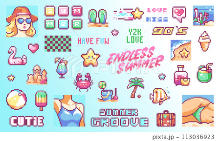 Retro Summer Pixel Art Sticker Collection: 8...のイラスト素材 [113036923] - PIXTA
