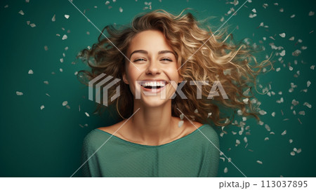 Cheerful young man with curly hair throwing...のイラスト素材 [113037895] - PIXTA