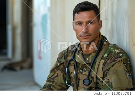 An army doctor with a stethoscope sits near the...のイラスト素材 [113053791 ...