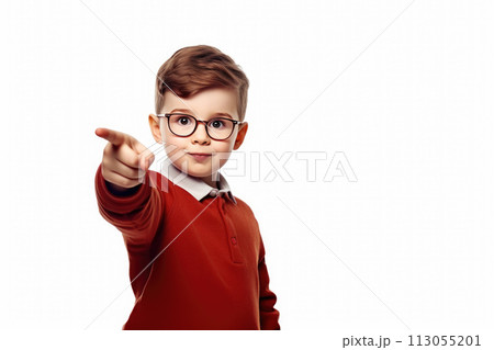Portrait of a boy and pointing finger on white...のイラスト素材 [113055201 ...