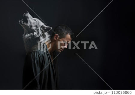 unhappy man with bowed head and silhouette of...のイラスト素材 [113056860] - PIXTA