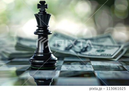 A black chess piece sits on a checkerboard with...のイラスト素材 [113061025 ...