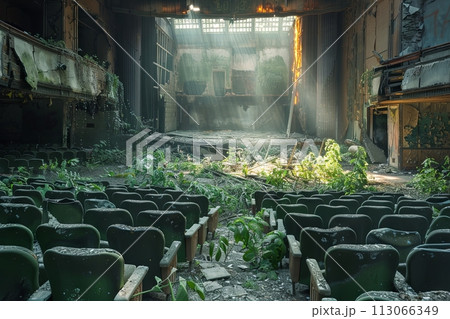 abandoned theater with rows of seats and a...のイラスト素材 [113066349] - PIXTA