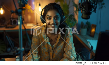 Cheerful young woman recording a podcast in a...のイラスト素材 [113073717] - PIXTA