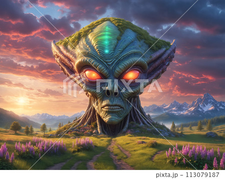 A giant alien head looms over a lush green field.のイラスト素材 [113079187 ...