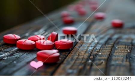 Red heart pills on wooden table.のイラスト素材 [113083244] - PIXTA