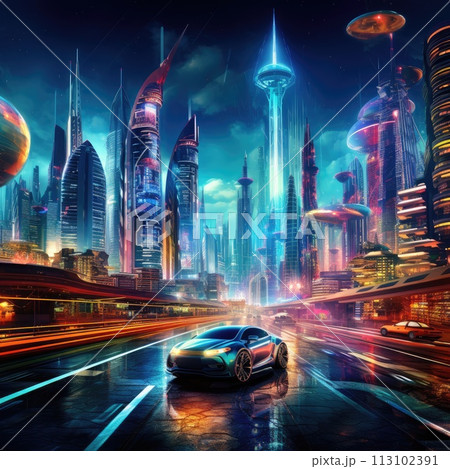 Futuristic cityscape teeming with flying cars...のイラスト素材 [113102391] - PIXTA