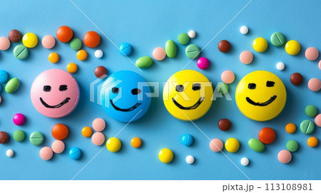 Pills with smiley faces on blue backgroundのイラスト素材 [113108981] - PIXTA