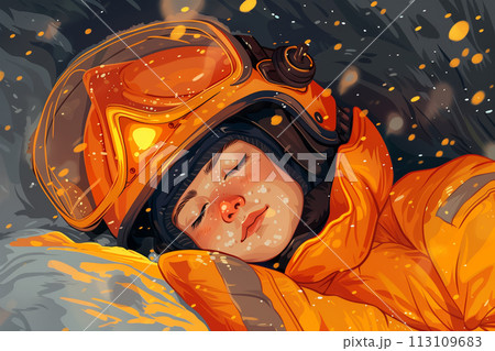 Firefighter in Gear Catching a Nap During a Breakのイラスト素材 [113109683 ...