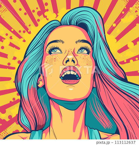 Surprised woman with open mouth. Pop art retro...のイラスト素材 [113112637 ...