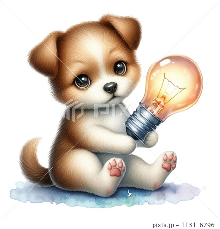 dog holding a light bulb clipart watercolorのイラスト素材 [113116796] - PIXTA