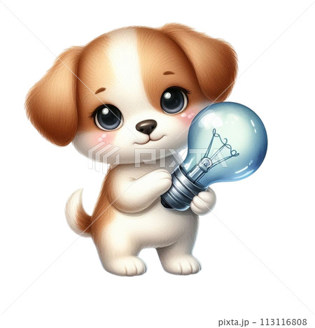 dog holding a light bulb clipart watercolorのイラスト素材 [113116808] - PIXTA