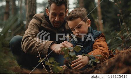 Caucasian father and son planting trees in the...のイラスト素材 [113125415 ...