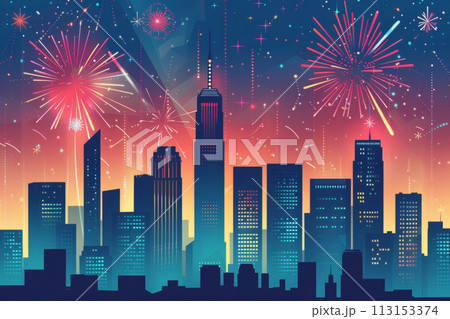 Illustrated fireworks display over city skyline.のイラスト素材 [113153374] - PIXTA